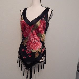 Cache | Tops | Cache Silky Rose Top W Tassels Beading | Poshmark